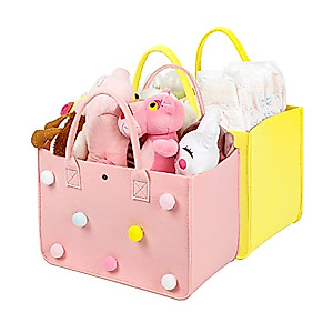 Yesesion 2 Pack Felt Storage Basket with Handle,Collapsible Baby Diaper Caddy Organizer, Portable Nursery Storage Bin for Bottles, Closet, Toys, Cute Tote Bags for Kids/Women (Medium-Pink/Yellow)