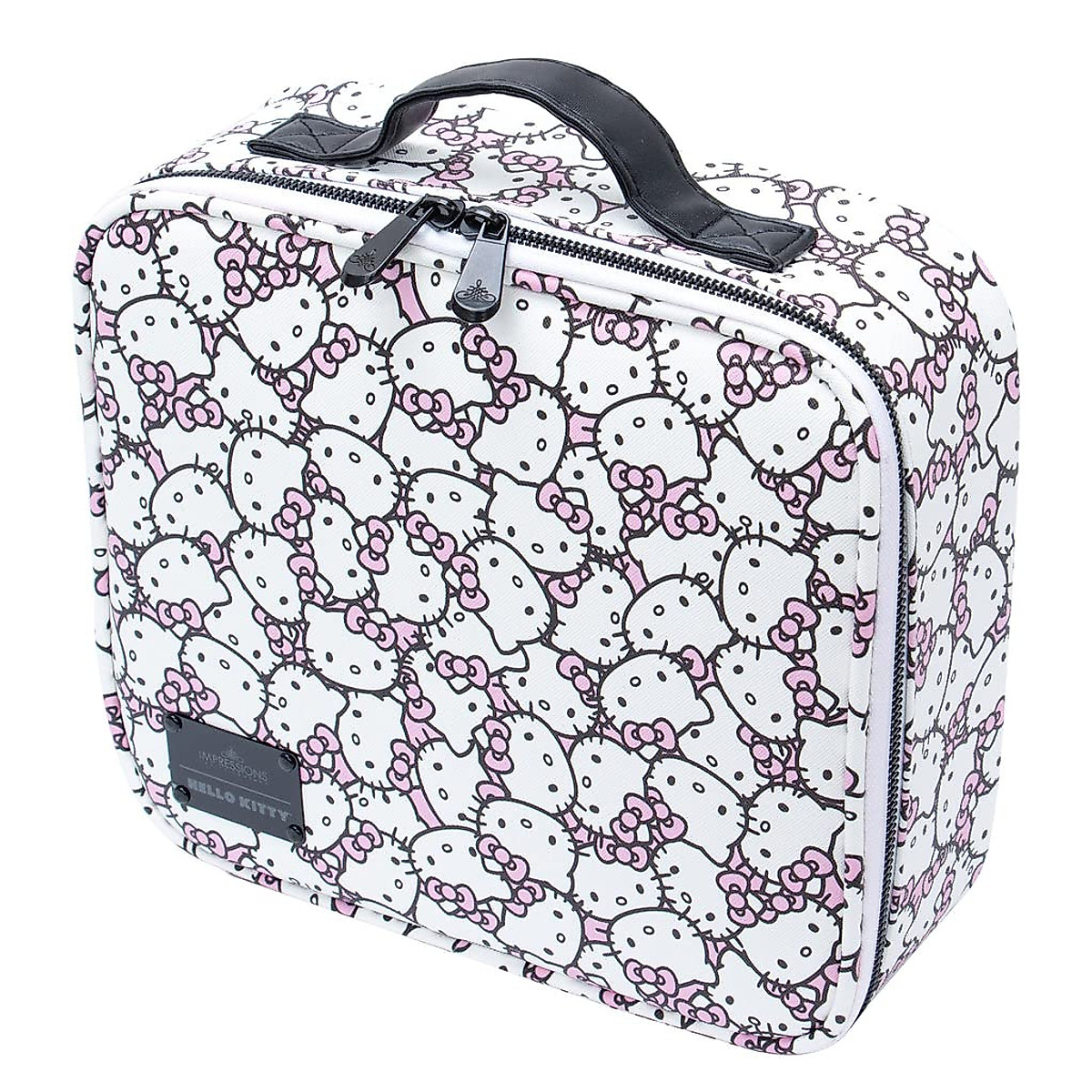 Impressions Vanity Hello Kitty Cosmetic Bag with Faux Leather,Travel Toiletry Bag with Inside Zipper Pockets, Waterproof Reusable Large Cosmetic Makeup Vanity Organizer (White/Pink)