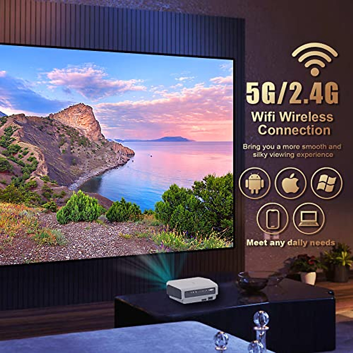 Projector with 5G WiFi & Bluetooth, AMLINK 13000L Full HD 1080P Outdoor Portable Video Projector Support 4K, Home Theater Movie Projector Compatible with HDMI, VGA, USB, Laptop, Smart Phone