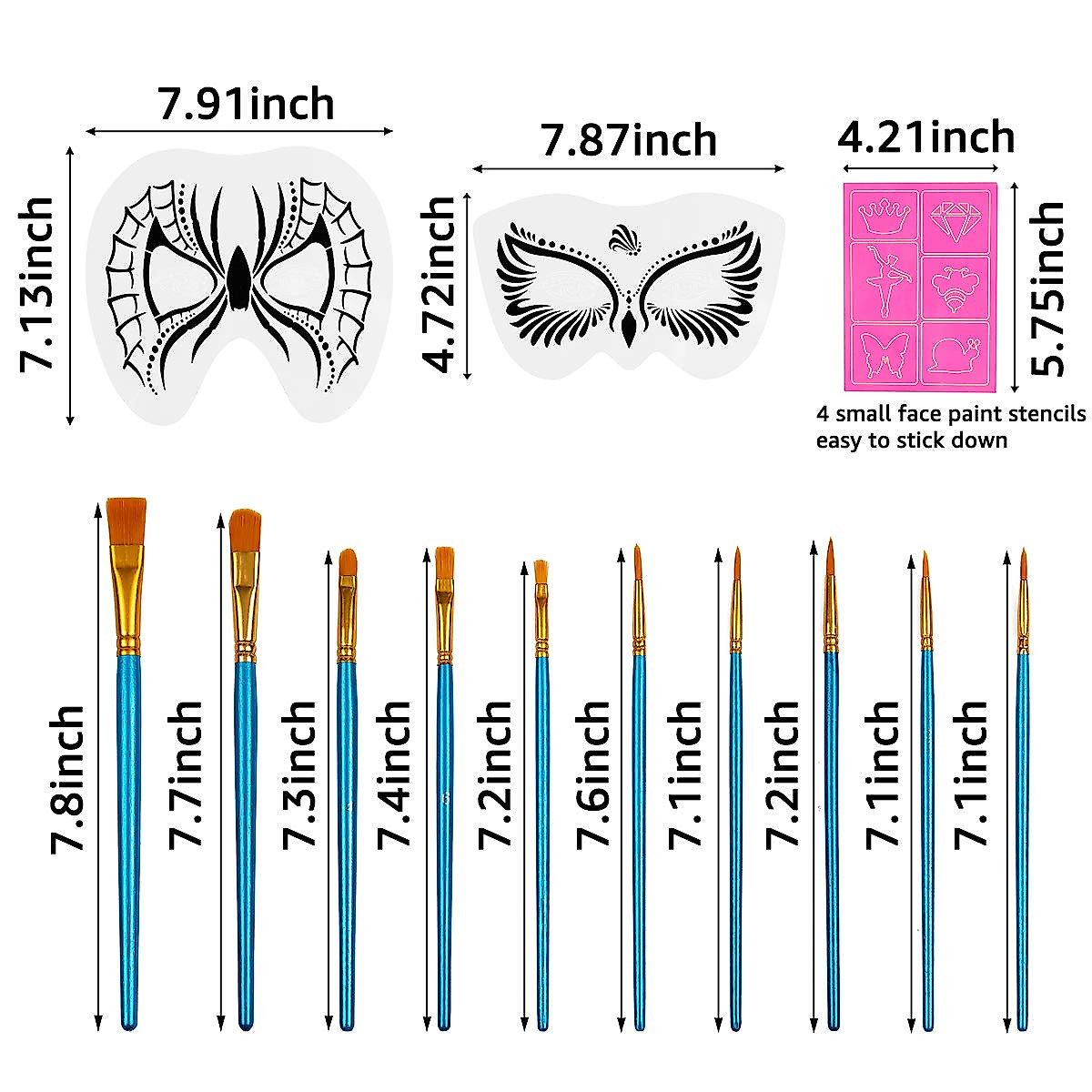 31 Pieces Face Stencils Kit, 17 Reusable Large Face Paint Stencils, 4 Small Stick Paint Stencils and 10 Pieces Painting Brushes for Kids Face Painting, Tattoo Stencils, Holiday Halloween Makeup