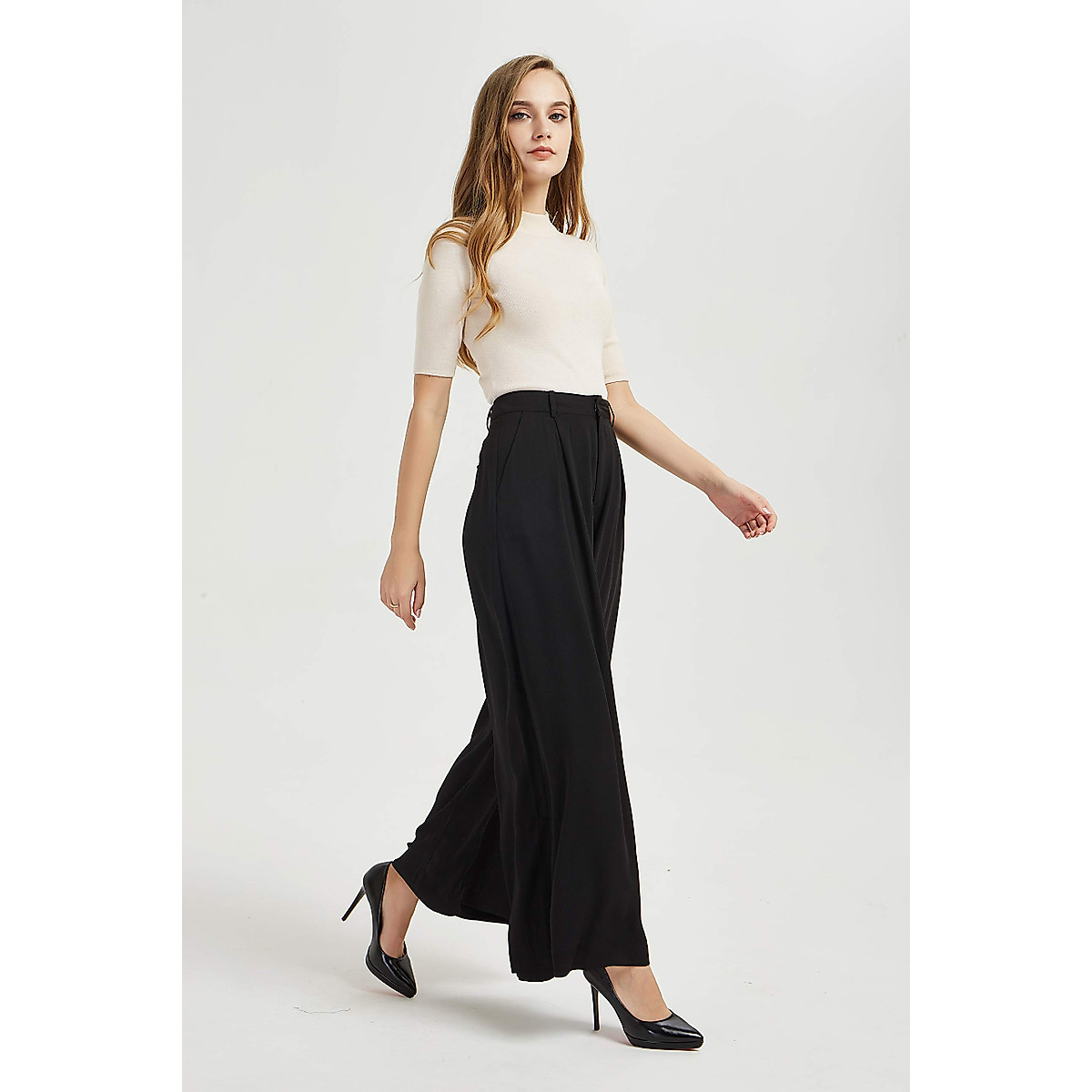 Tronjori Women High Waist Casual Wide Leg Long Palazzo Pants Trousers Regular Size(M, Black)