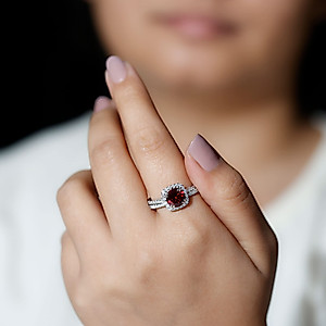 Certified Lab Grown Ruby Moissanite Wedding Ring Set, Aaaa Grade, 8 mm Round Ruby Halo Engagement Ring with Band - With Jewelry Box, 14K White Gold, Size:US 5.50