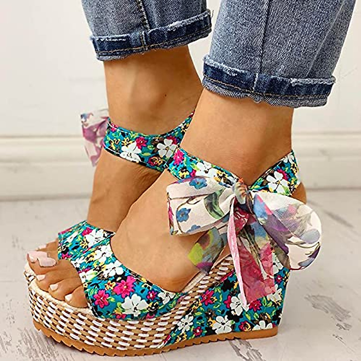 Bravetoshop Women's Wedge Sandals Lace Up Bow Tie Open Toe Platform Sandals High Heel Dress Shoes (Green,5 US)