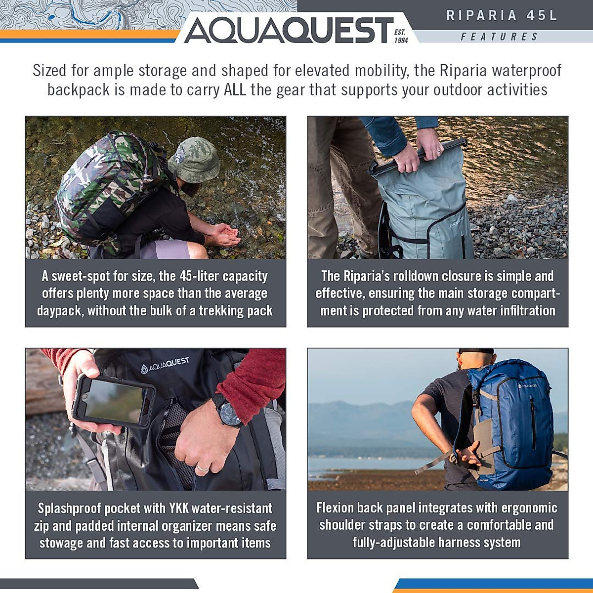 AquaQuest Riparia Waterproof Backpack - Extra Large 45L Roll Top DryBag - Black