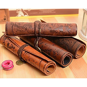 ANTIMAX Vintage Roll Up Pencil Case Creative Map Matte Smooth Cover Pencil Pouch Art Makeup Cosmetic Pouch with Pendant for Business School Gifts Smooth Dark Brown