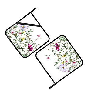 Floral Wildflower Flower Field Pot Holders Set Heat Resistant Non Slip Oven Hot Pads with Hand Pockets and Hanging Loops for Kitchen Baking Cooking,Set of 2