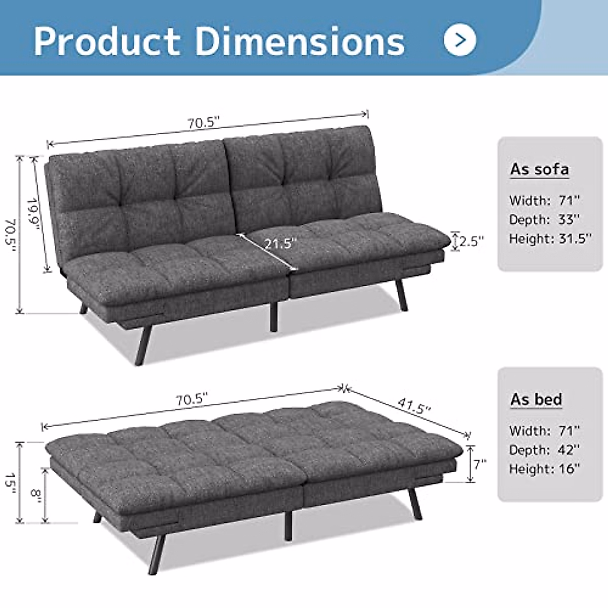 wOod-it Futon Sofa Bed, Memory Foam Foldable Couch Convertible Loveseat Sleeper Daybed with Adjustable Armrests for Small Space, Studio, Office, Apartment, Compact Living Room, Dark Gray
