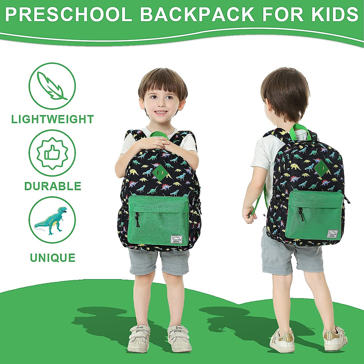 VASCHY Dinosaur Backpack for Toddler Kids Boys, Little Kid Preschool Backpacks with Chest Strap