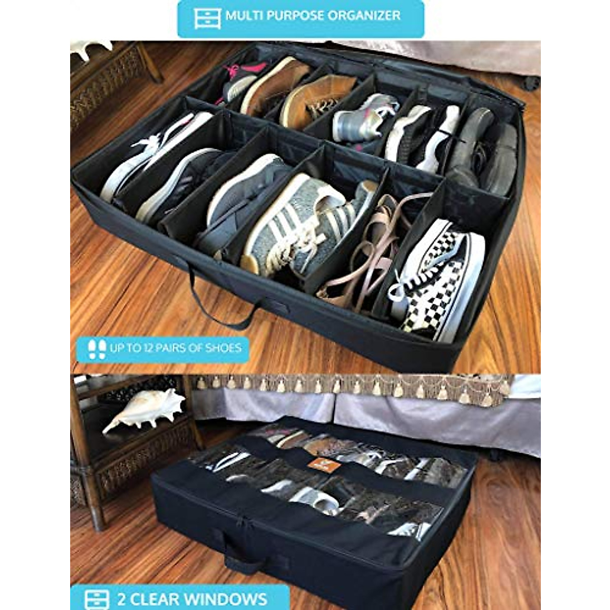 Norse 2 in 1 Large Underbed Storage Bags Organizer Container 2 Sturdy Zippers, Blankets Clothes Comforters Foldable Storage Bags with Clear Window (SET OF 2 : 2-in-1 Under bed Organizer, Black)