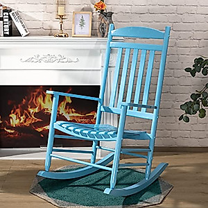 ALIMORDEN Solid Wood Porch Rocking Chair, High Back Slat Reclining Seat Patio Chair, Indoor Outdoor, Blue