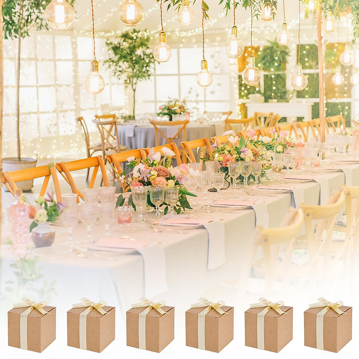 VGOODALL 50PCS Mini Gift Boxes, Candy Treat Boxes Brown Favor Boxes with Greeting Cards Ribbon Tiny Cardboard Boxes for Bridal Shower Birthday Party