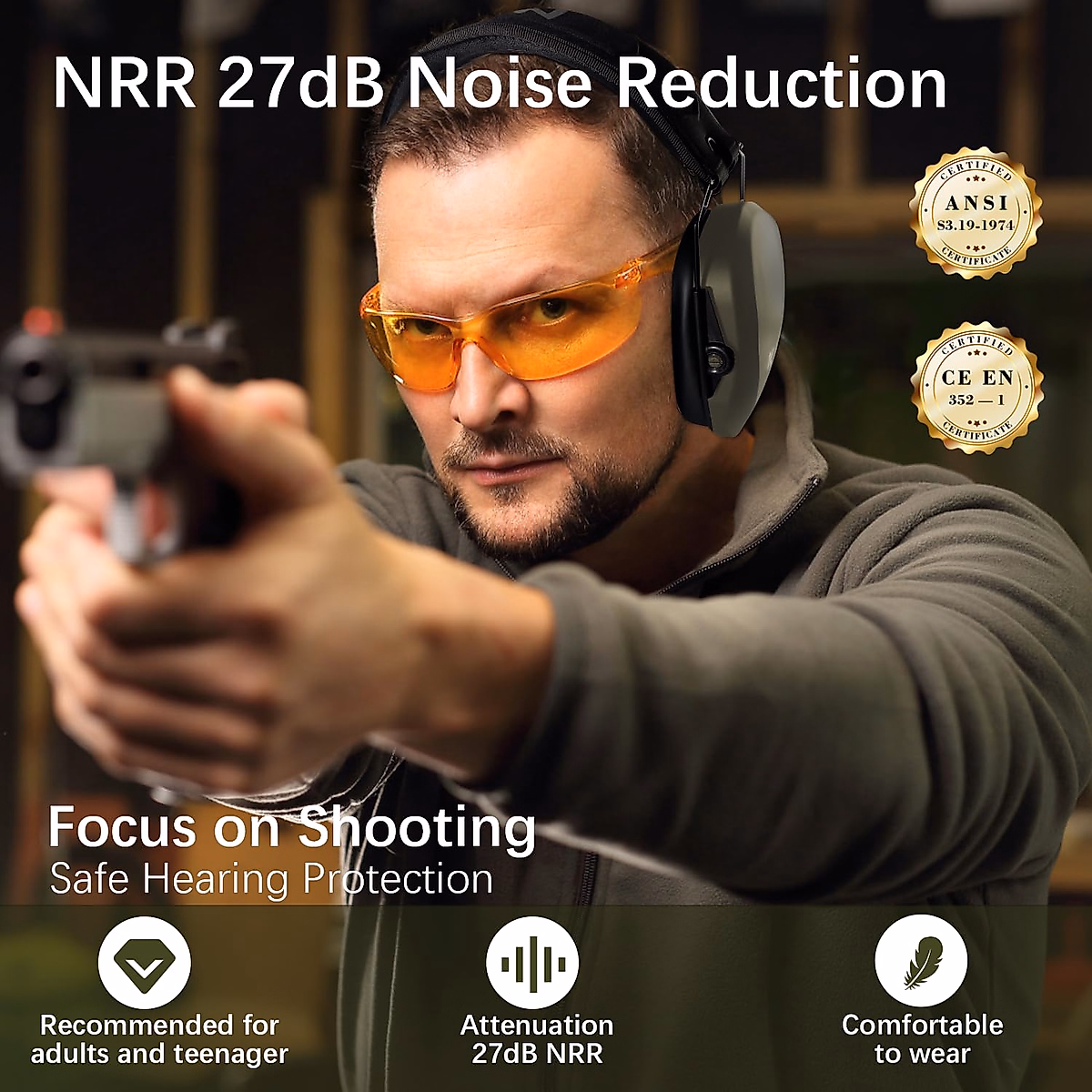 KAYNN 018 Ear Protection 2 Pack Hearing Protection for Shooting Gun Range,27dB NRR Noise Cancelling Safety Ear Muffs for Shooting Mowing(2Pack-Black&Green)