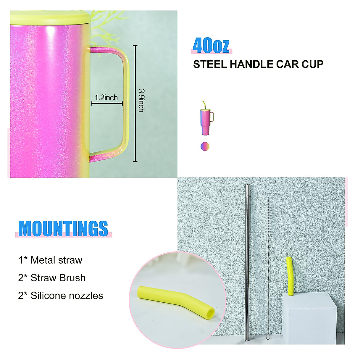 AGH 40oz Tumbler with Handle and Straw Lid, 18/8 Stainless Steel Insulated Coffee Tumbler with lid and straw Leak Proof Travel Mug, Cupholder Friendly Water Bottle for Car Camping, 1 Pack