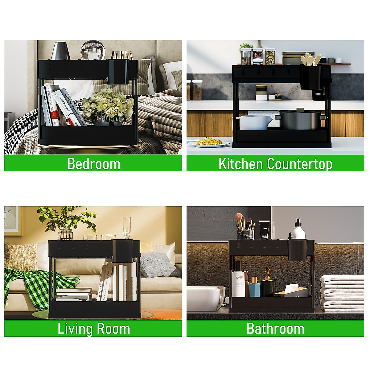 Adjustable Height Under Sink Organizer, CuivnKak Double Sliding Under Sink Organizer and Storage 2 Tier Easy Access Multi-purpose Slide Out Cabinet Organizer for Bathroom Kitchen