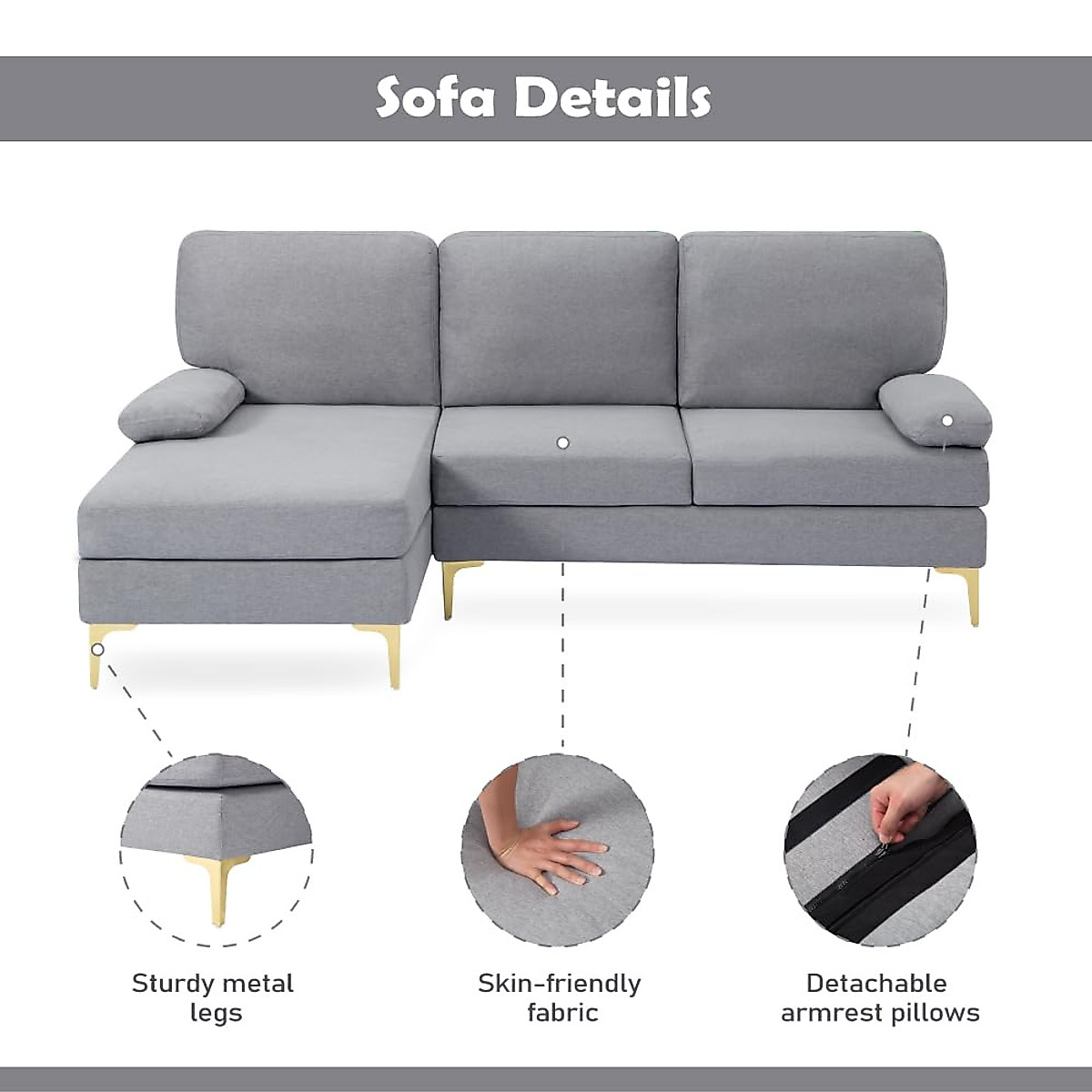KoiHome 79.5" Left Hand Facing Sectional Sofa Couch with 2 Detachable Armrest Pillows, Modern Fabric 3-seater L Shape Chaise with Metal Legs for Living Room,Apartment,Office, Polyester, Light Grey