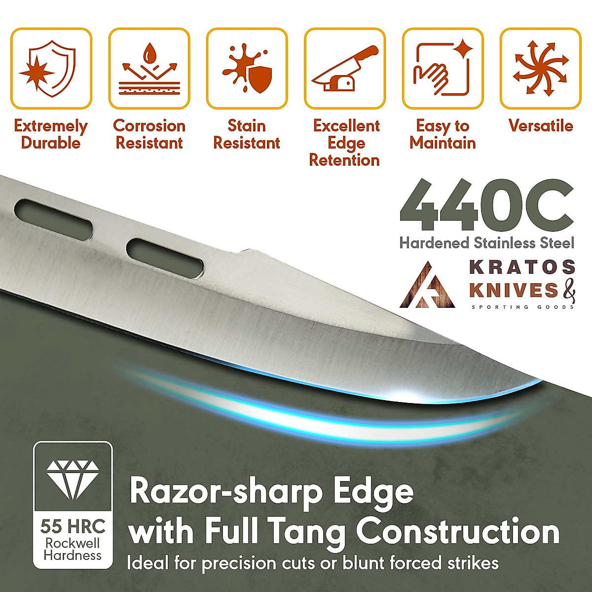 Full Tang Bushcraft Knife, 12" Full Tang Survival Knife Fixed Blade, Camp Knife 440C Stainless Steel Camping Knife with Sheath By Kratos - ZF4