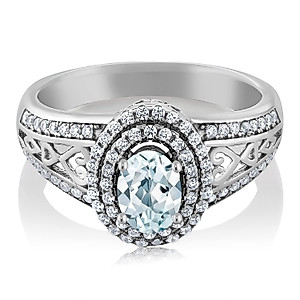 Gem Stone King 925 Sterling Silver Sky Blue Aquamarine Engagement Ring For Women (1.29 Cttw, Oval Excellent Cut Gemstone Birthstone, Available in size 5, 6, 7, 8, 9)