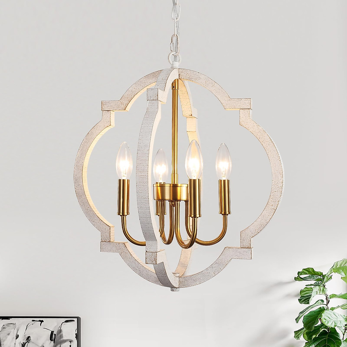 QAREHL Rustic Farmhouse Chandelier 4 Light Vintage Orb Light Fixture Dining Room Candlestick Chandeliers Wood Pendant Lighting for Living Room Kitchen Bedroom Entrance Foyer Hallway