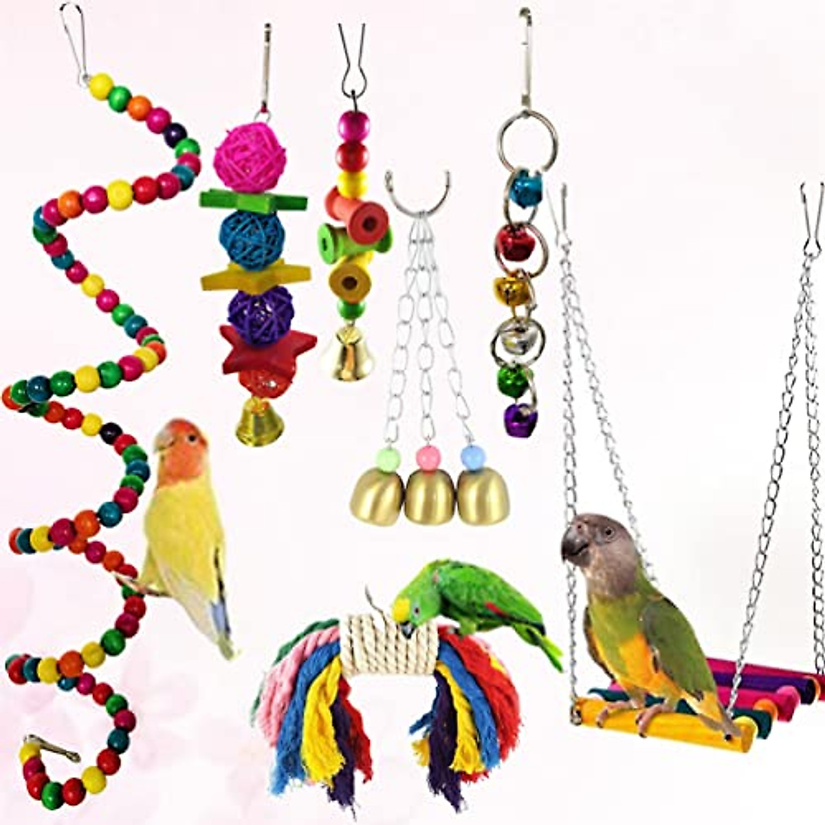 Mipcase Bird Cage Accessories Bird Parakeet Toys, 7pcs Budgie Toys Swing Hanging Parrot Chewing Toy Birds Cage Toy Budgie Accessories for Case Parakeets, Parrots, Budgie