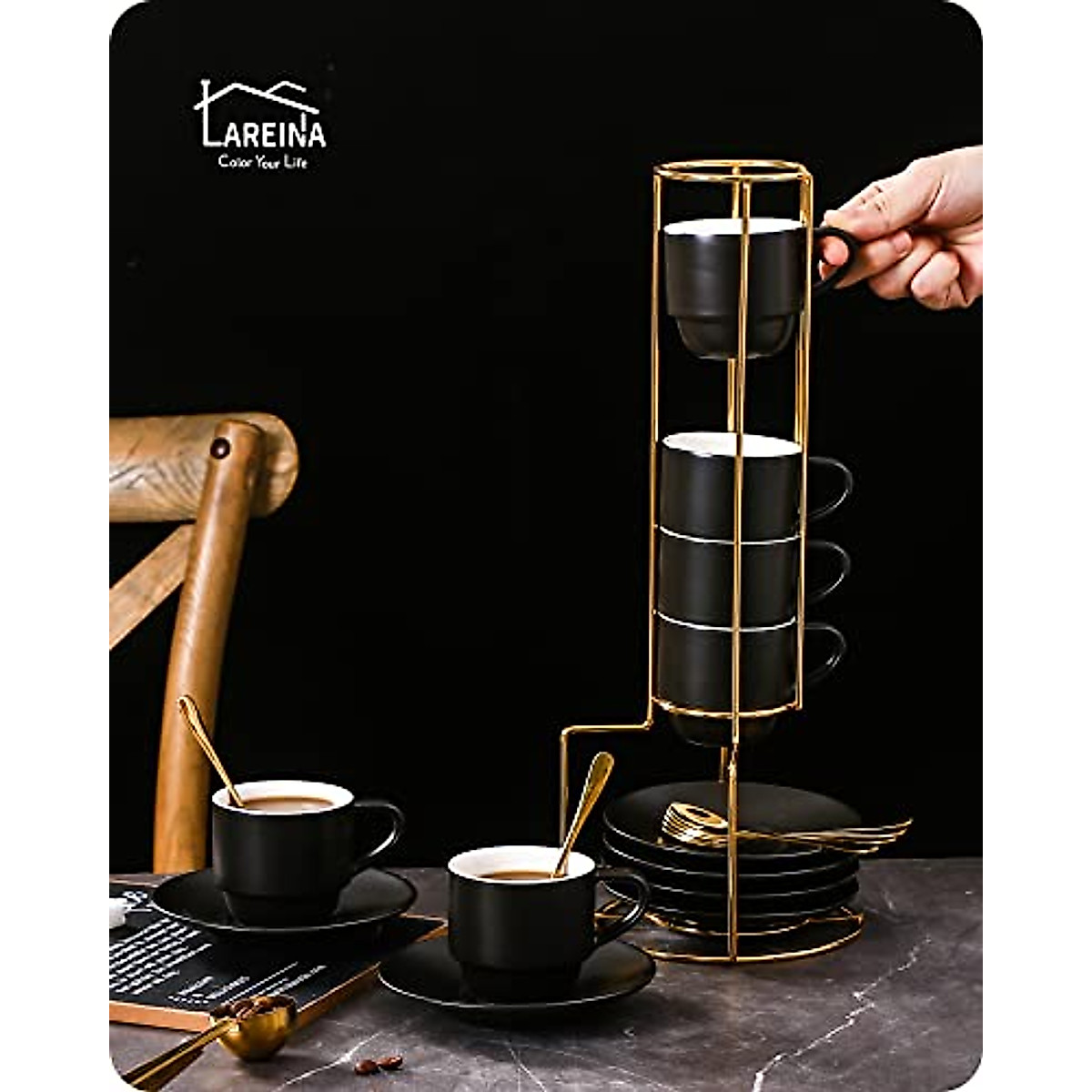Lareina Porcelain Stackable Espresso Cups with Saucers, Spoons and Metal Stand 4 Ounce Small Cappuccino Coffee Cups Set of 6 - Ceramic Demitasse Cups for Nespresso Lungo, Double Espresso, Black