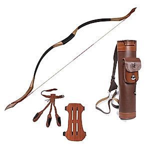TOPARCHERY Archery 53'' Traditional Recurve Bow with Arm Guard Finger Tabs Set and Shoulder Back Quiver Bundle, 50lbs