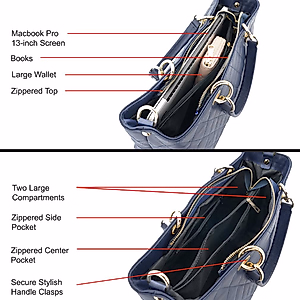 Fioretta Italian Genuine Leather Quilted Carryall Satchel Handbag Crossbody For Women - Blue