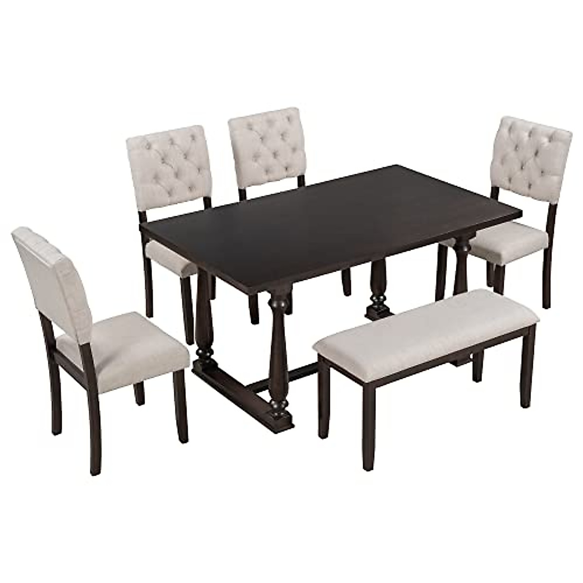BIADNBZ 6-Piece Wooden Kitchen Dining Room Table Set with Upholstered Button Tufted Chairs & Bench, for Living Room Restaurant Furniture, Espresso