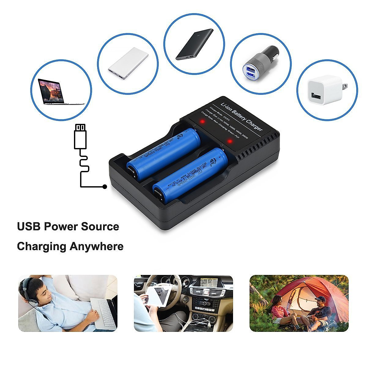 26650 Battery Charger 2-Bay Fast Charging for 18650 26650 14500 3.7 4.2V Rechargeable Lithium Batteries - Not Battery