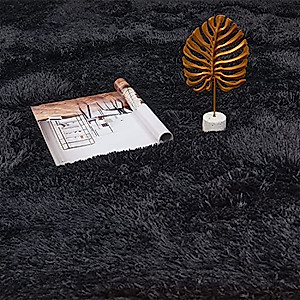 AMTOVO Shag Area Rugs for Bedroom, Black Fluffy Rug Plush Living Room Carpet 8 x 10 Feet, Indoor Modern Plush Area Rugs, Fuzzy Nursery Shaggy Rugs for Kids Room