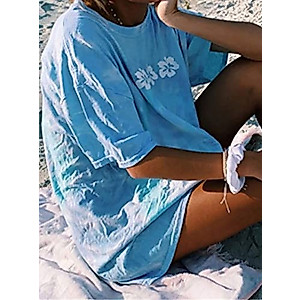 Remidoo Women's Casual Crewneck Short Sleeve Flowers Print Tie Dye Oversized Graphic Top T-Shirt Three Flowers Large