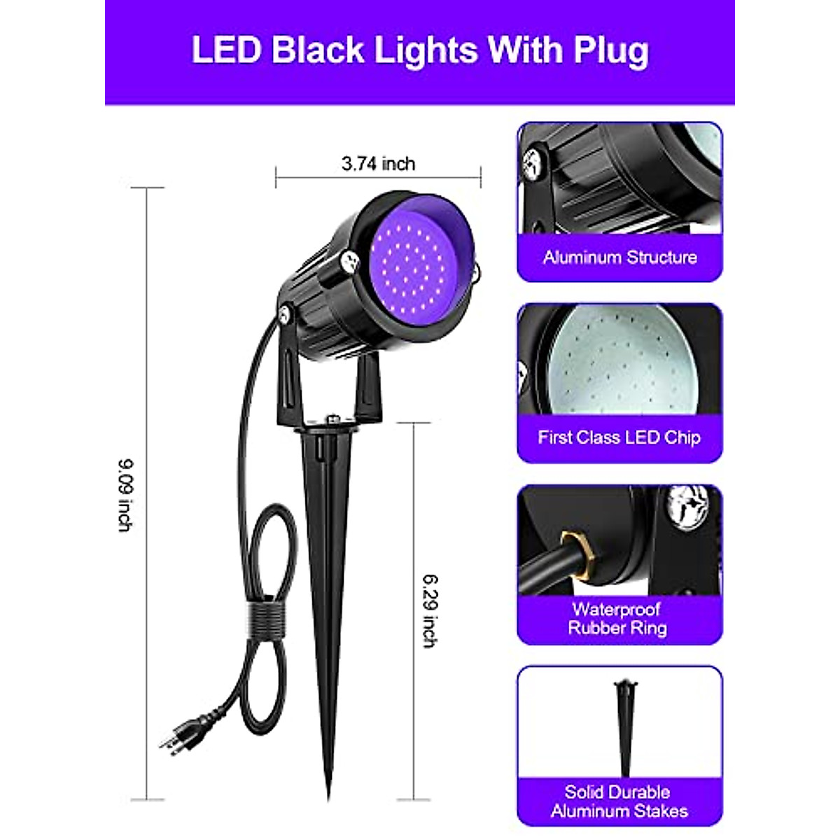 ZUCKEO Outdoor Blacklight Spotlight LED Spot Black Light with US Plug, 15W IP66 Landscape Black Lights Fixtures for Glow Party Body Paint Fluorescent Poster Yard Garden House Decorating(4Pack)