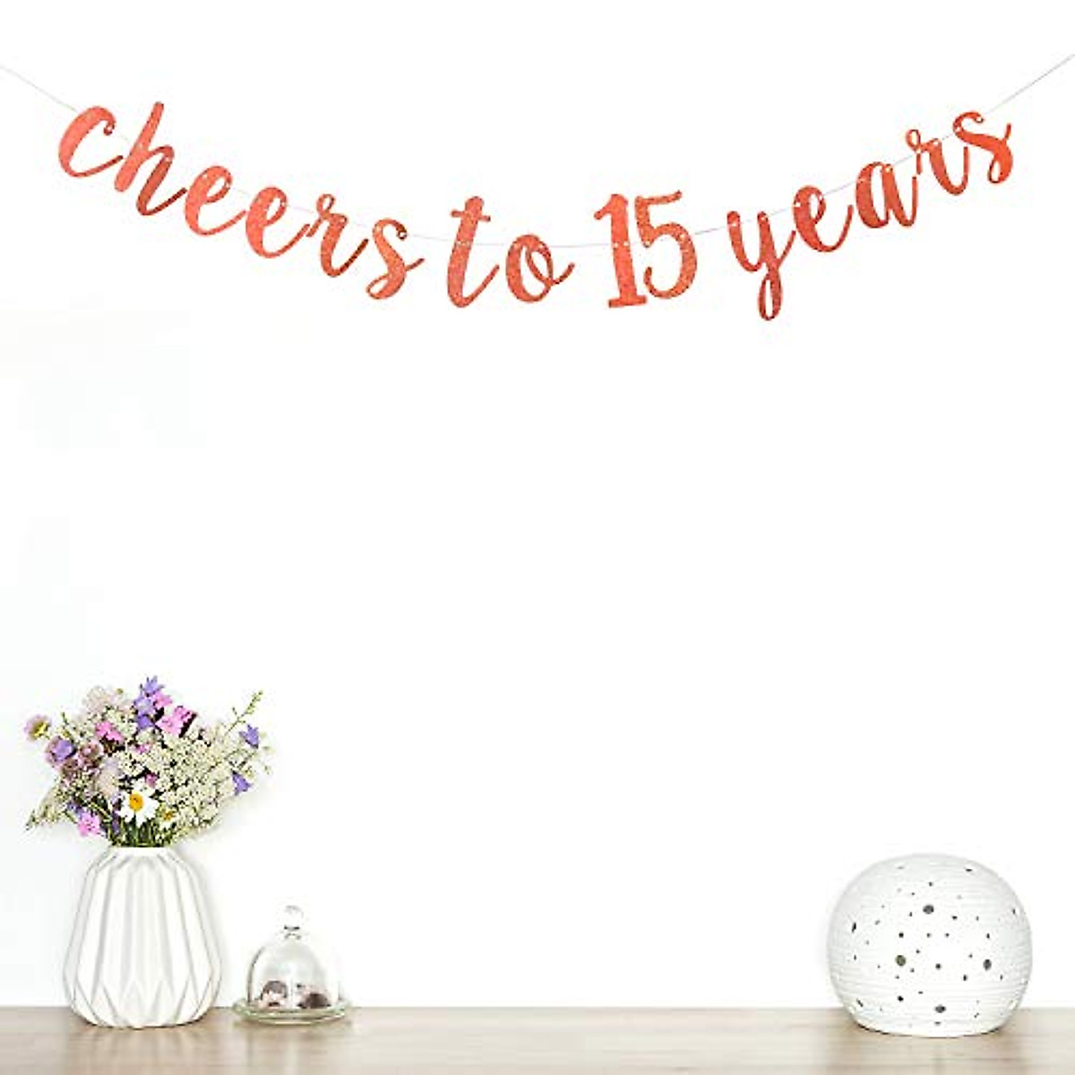 Rose Gold Glitter Cheers to 15 Years Banner, Happy 15th Birthday Bunting Garlands,15th Anniversary Party Decoration Supplies(Pre -Strung)