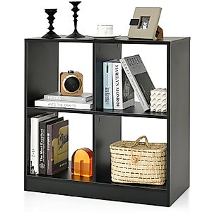 Giantex 4-Cube Bookcase Black - 2-Tier Freestanding Open Bookshelf with Anti-Toppling Device, Wooden Decorative Storage Organizer, Modern Floor Display Shelf for Kid's Room Study Bedroom Living Room