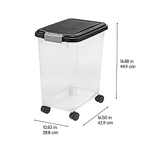 IRIS USA 25Lbs./33Qt. WeatherPro Airtight Pet Food Storage Container with Attachable Casters, For Dog Cat Bird and Other Pet Food Storage Bin, Keep Fresh, Translucent Body, Easy Mobility, Black