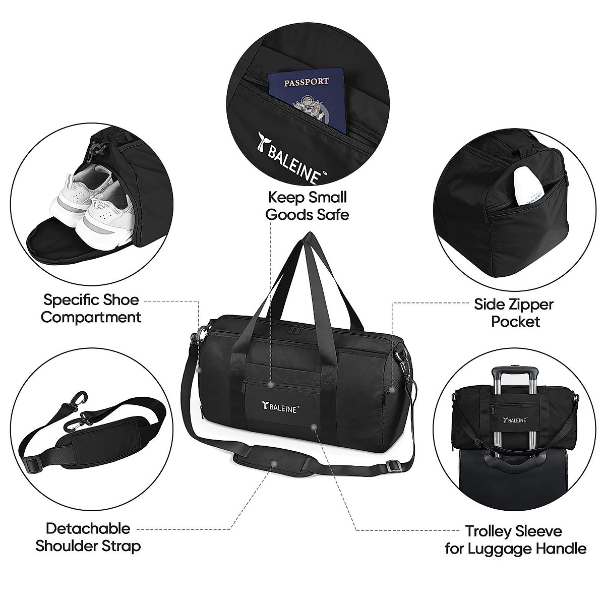 BALEINE Gym Bag for Women and Men, Small Duffel Bag for Sports, Gyms and Weekend Getaway, Waterproof Dufflebag with Shoe and Wet Clothes Compartments, Lightweight Carryon Gymbag (Black)