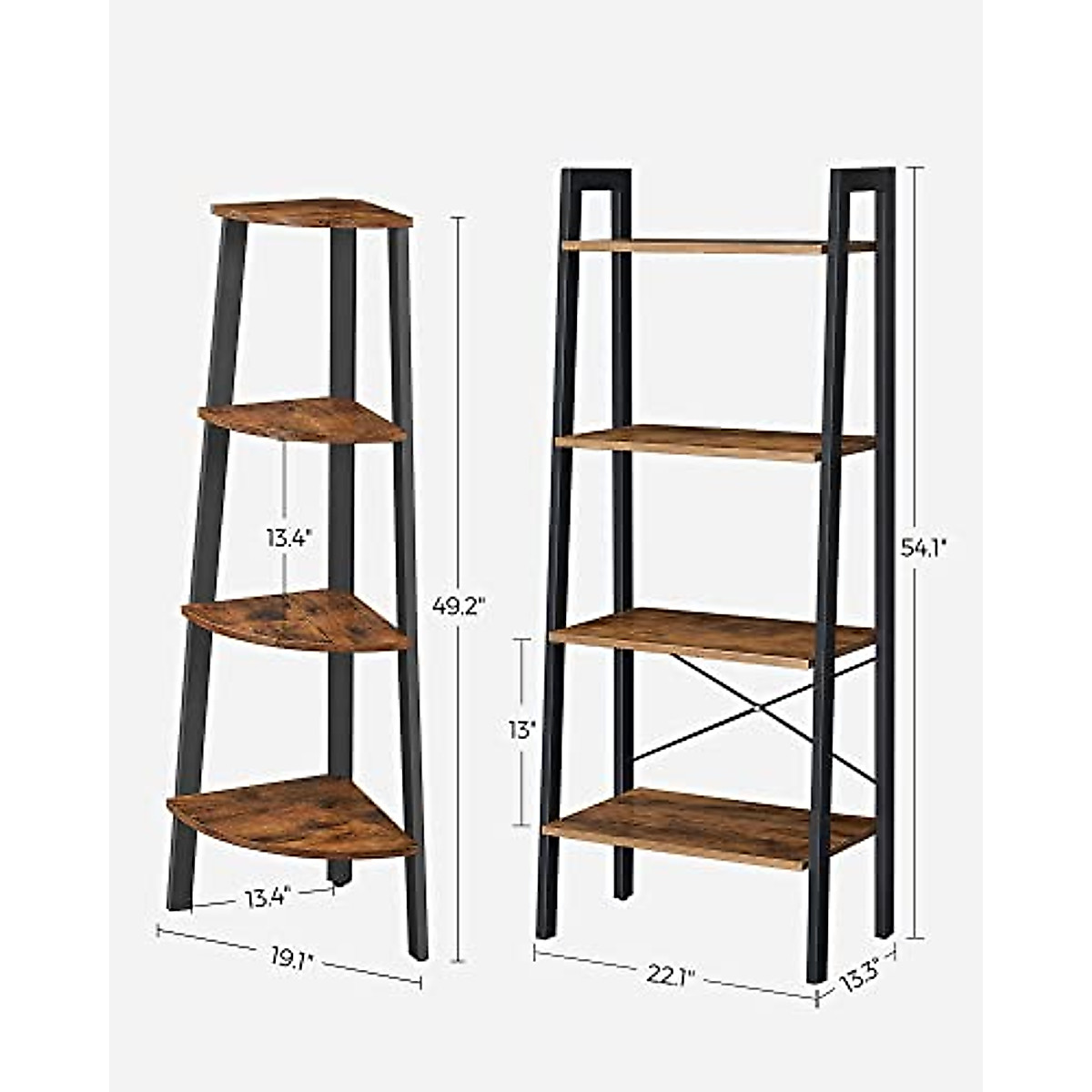 VASAGLE Corner Shelf Bundle with Ladder Shelf, 4-Tier Corner Bookshelf, Plant Shelf Stand for Living Room, Bedroom, Industrial Style, Rustic Brown and Black ULLS34X and ULLS44X