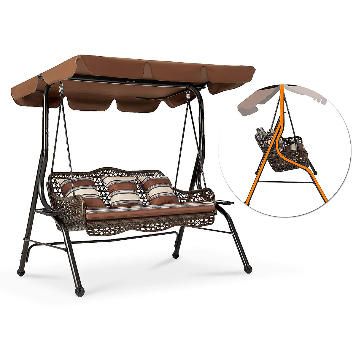 U-MAX 3-Seat Outdoor Patio Swing Chair, Large Converting Canopy Porch Swing Glider, Hammock Lounge Chair for Porch, Rattan Wicker Steel Frame Cushion & Pillow, Brown