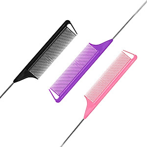 Rat Tail Combs Set: 3Pcs Long Steel Pin Teasing Combs for Salon Hair Stylists, Metal Parting Combs for Women (Purple, Black, Pink)