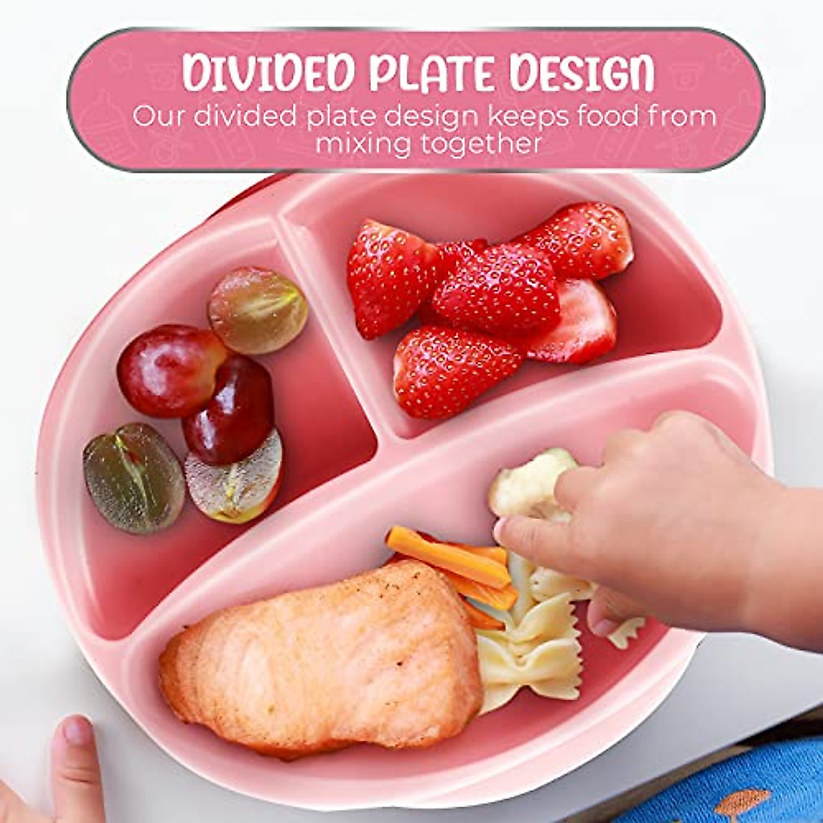 Silicone Suction Plate for Baby - 100% Food Grade Silicone Divided Plate | Toddler Self Feeding Training Suction Plate Set | BPA-Free, Microwave Dishwasher Safe Stay Put Plates (Light & Dark Pink)