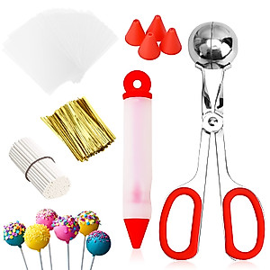 Cake Pop Kit, Including 100 Cake Pop Sticks and Wrappers, 100 Twist Ties, 1 Cake Pop Scooper and Decorating Pen, Cake Pops Making Tools for Lollipop, Candies, Chocolates and Cookies,red