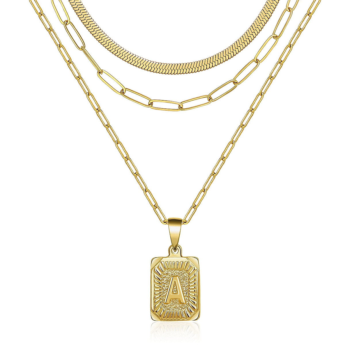 JoycuFF Layered Necklaces for Women, Initial 18K Gold Plated Paperclip Necklaces Herringbone Chain Simple Cute Letter Pendent Gold Initial Necklaces A