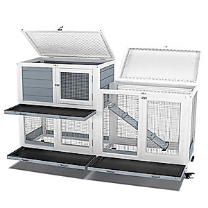 GDLF Two Floors 58" Wooden Indoor Bunny Hutch Rabbit Cage on Wheels Guinea Pig PET House for Small to Medium Animals Waterproof No Leak Tray