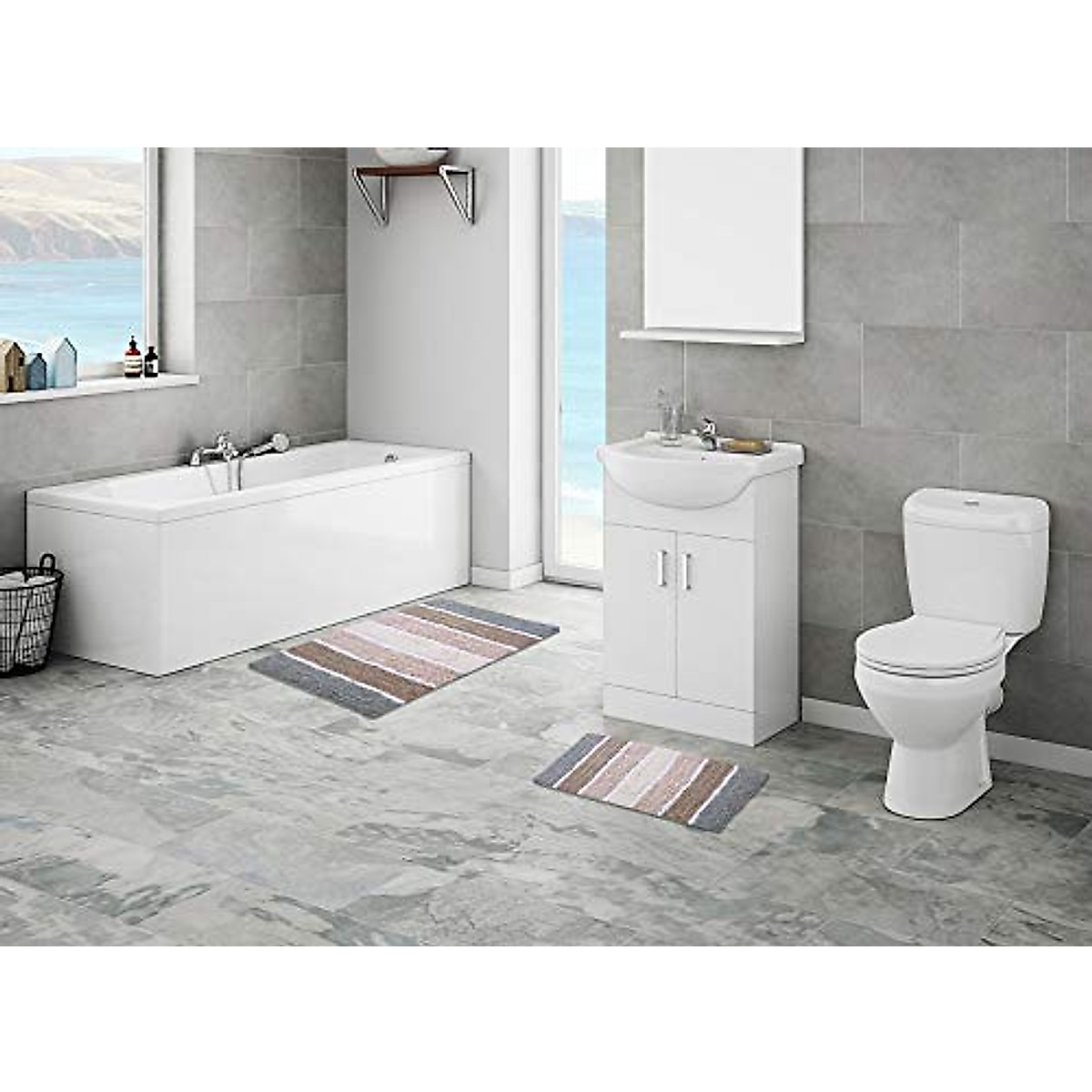 Bathroom Rugs Luxury Stripe Bath Rug Set 21x32-17x24 Spa Grey-Beige,2Piece Mat Set, Soft Plush Anti-Skid Shower Rug +Toilet Mat.Shaggy Carpet, Super Absorbent mats, Machine Washable Bath Mat,