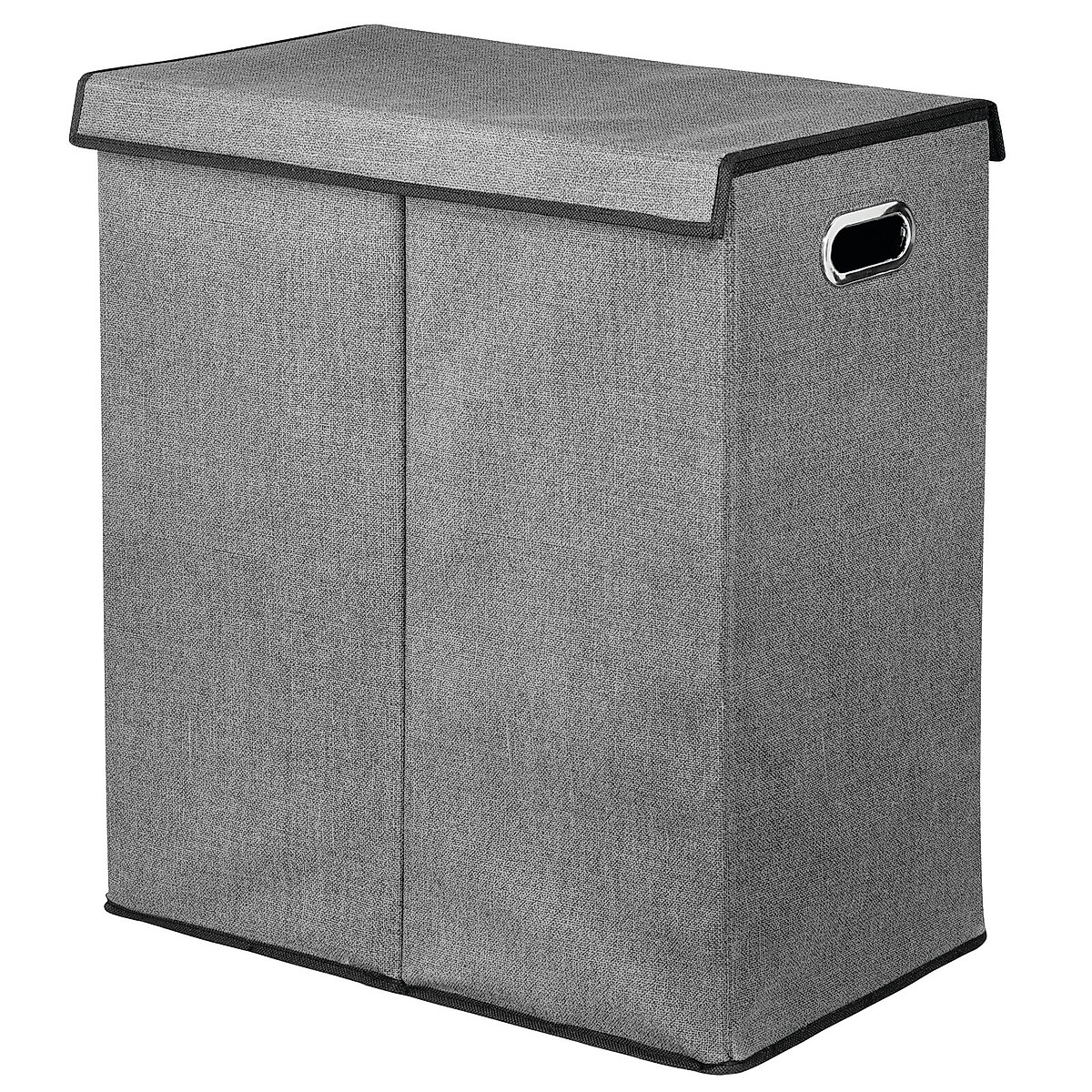 mDesign Extra Large Divided Laundry Hamper Basket with Removable Lid, Built-in Handles - Portable and Foldable for Compact Storage - Textured Print with Solid Trim, Chrome Handles - Charcoal/Black