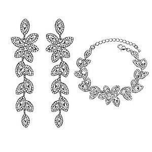 Mecresh Bride Jewelry Set Crystal Floral Leaf Crawler Chandelier Dangle Earring Bracelet Wedding Prom 2022 Fashion Jewelry Silver