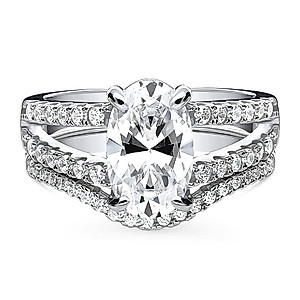 BERRICLE Sterling Silver Solitaire Wedding Engagement Rings 2.7 Carat Oval Cut Cubic Zirconia CZ Split Shank Ring Set for Women, Rhodium Plated Size 7