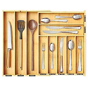 SpaceAid Bamboo Silverware Drawer Organizer with Labels, Kitchen Utensil Expandable Tray Holder Organizer for Flatware, Cutlery, Spoon and Knives Drawer Storage Organization (Natural, 10 Slots)