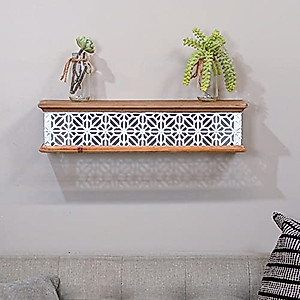VIP Home and Garden Wooden Floating Shelf with Metal Embossed Lattice, Wall Mounted, Farmhouse Décor, 24 Inches, White, Brown, 24inch L x 6.5inch W x 5.75inch H