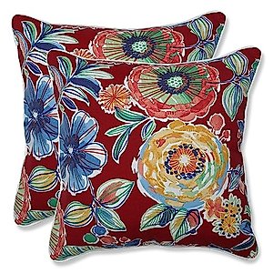 Pillow Perfect Bright Floral Indoor/Outdoor Accent Throw Pillow, Plush Fill, Weather, and Fade Resistant, Large Throw - 18.5" x 18.5", Red/Blue Colsen, 2 Count