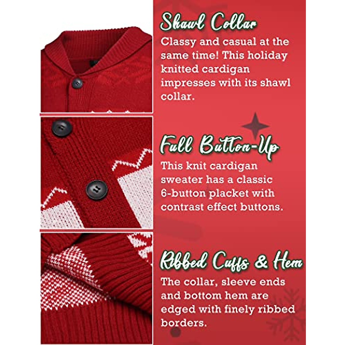 COOFANDY Mens Ugly Christmas Xmas Reindeer Snowflake Button Front Long Sleeve Shawl Collar Cardigan (Red M)
